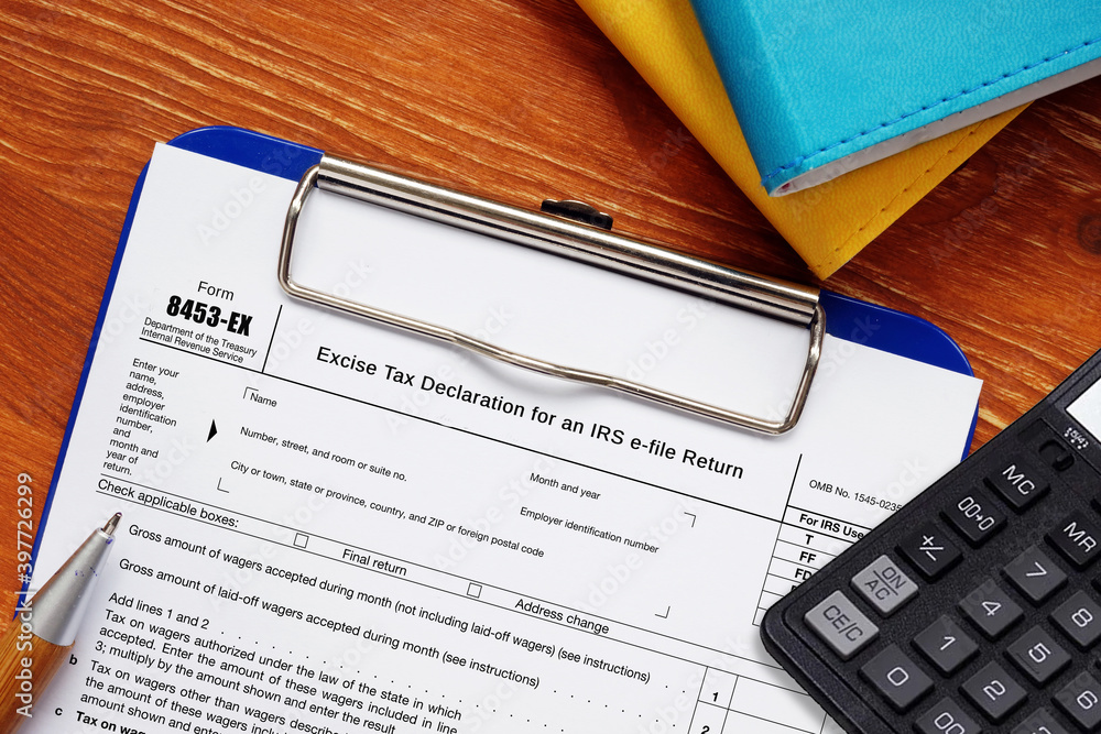 Form 8453-EX Excise Tax Declaration for an IRS e-file Return phrase on ...