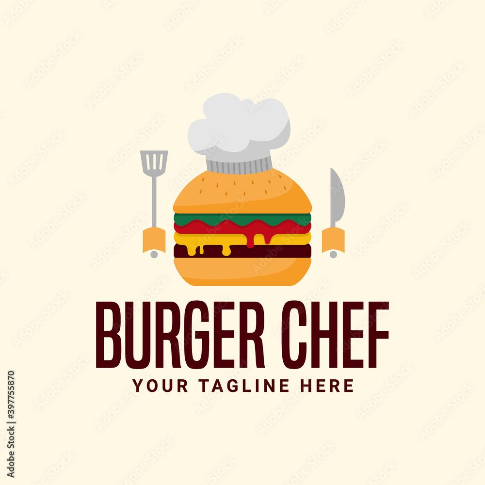 unique chef burger logo, hamberger vector illustration with chef hat ...
