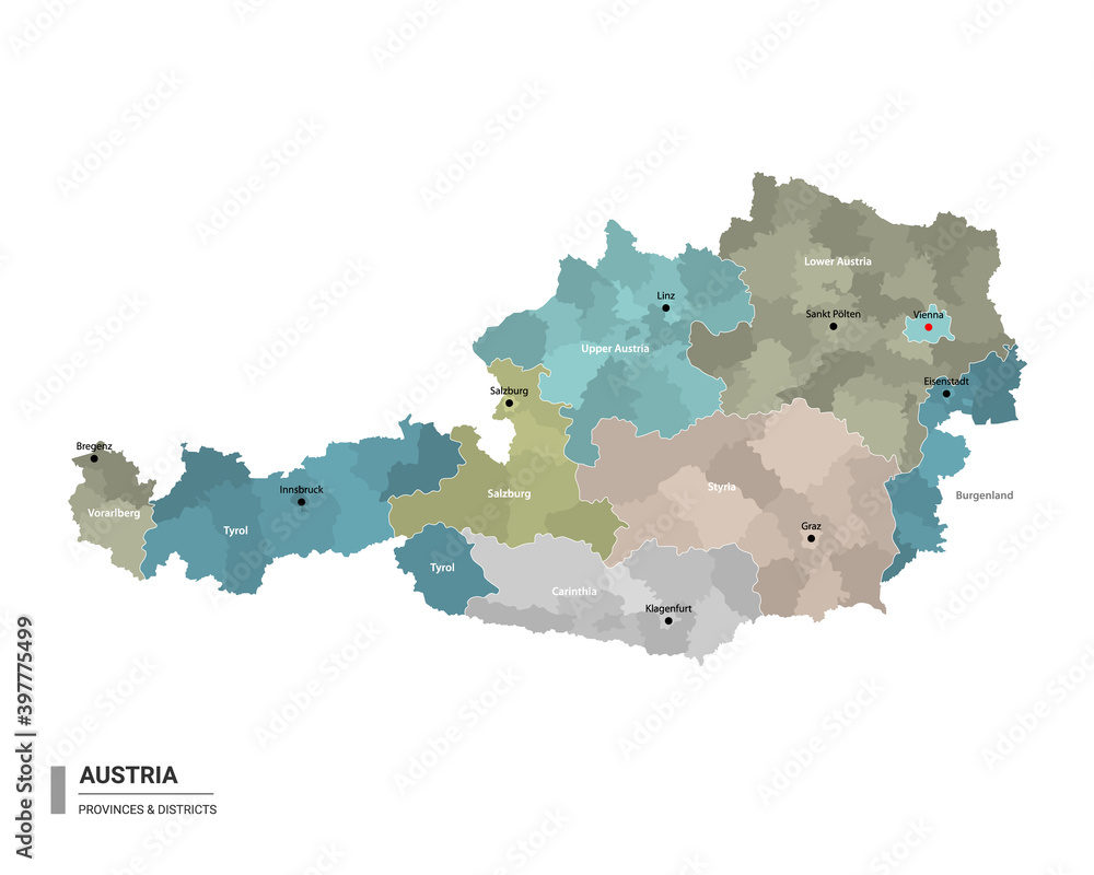 Austria higt detailed map with subdivisions. Administrative map of ...