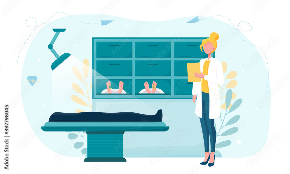 Interior of morgue. Dead bodies laying in the mortuary. Female morgue ...