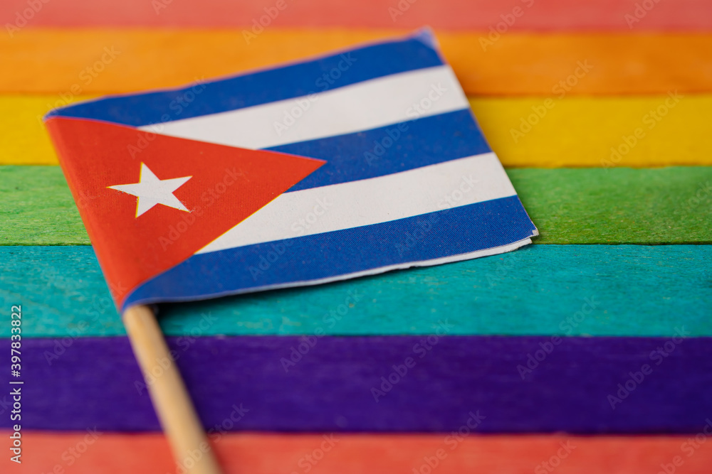 Cuba flag on rainbow background flag symbol of LGBT gay pride month ...
