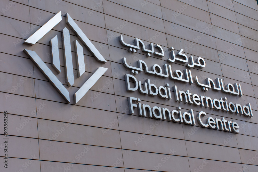 Dubai International Financial Centre (DIFC) sign and icon on a financial building in downtown ...