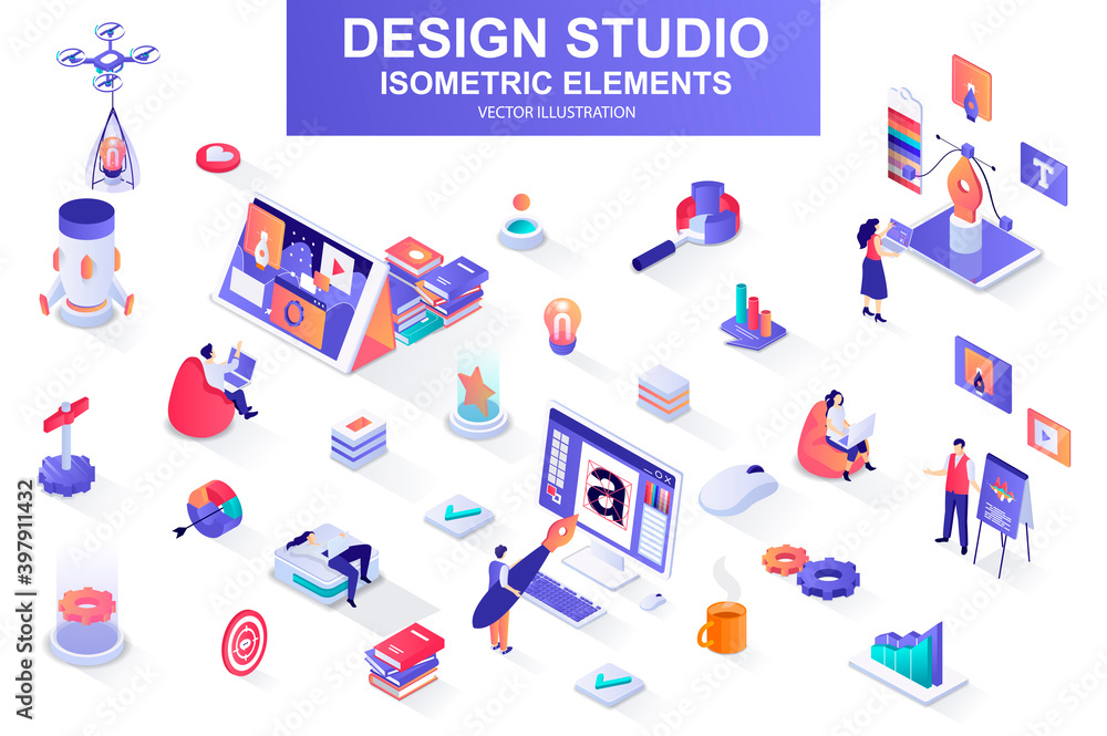 Design studio bundle of isometric elements. Ui UX design, font ...