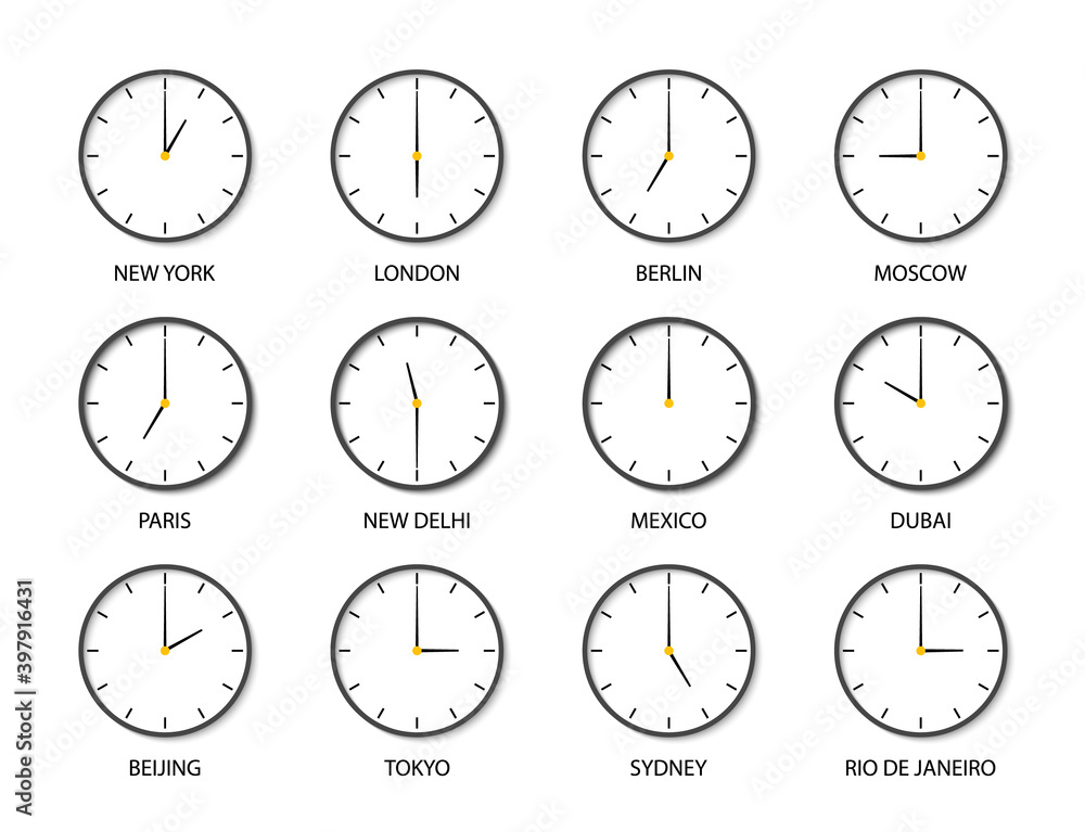 Clock with time of different world zone. Icons of clock of ...