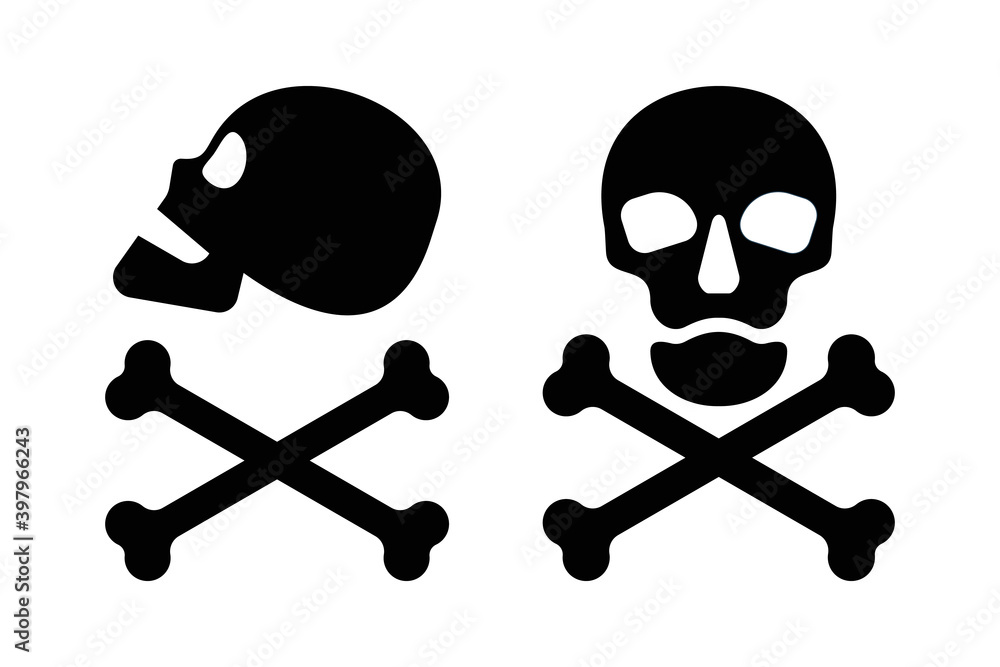 Human skull in side and full face view and crossbones on white ...
