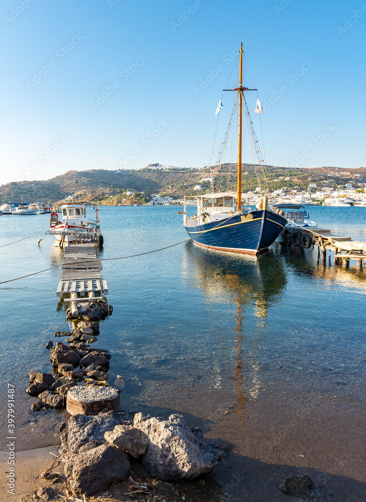 Skala Village harbour view in Patmos Island. Patmos Island is populer ...
