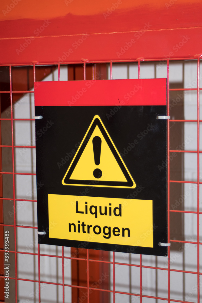 Liquid Nitrogen warning sign in yellow with an exclamation mark on a ...