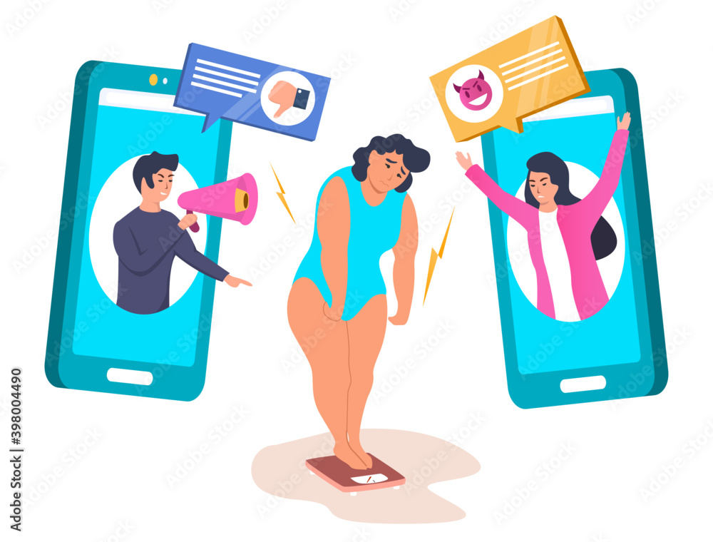 Fat girl experiencing body shaming on social media, flat vector illustration. Online body ...