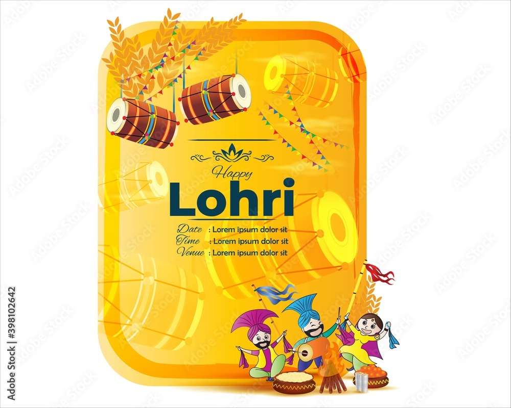 Vector illustration of Happy Lohri banner, celebrating people with drum ...
