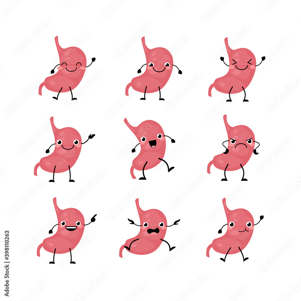 Cute stomach organs character set in a flat cartoon style. Human organs ...