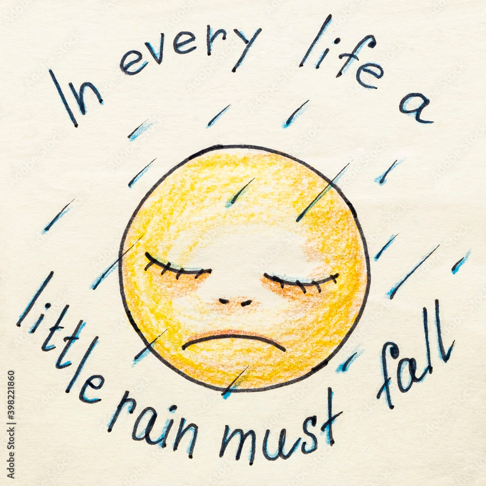 Sad face symbol and raindrops. Desire for emotional support. Pencil ...