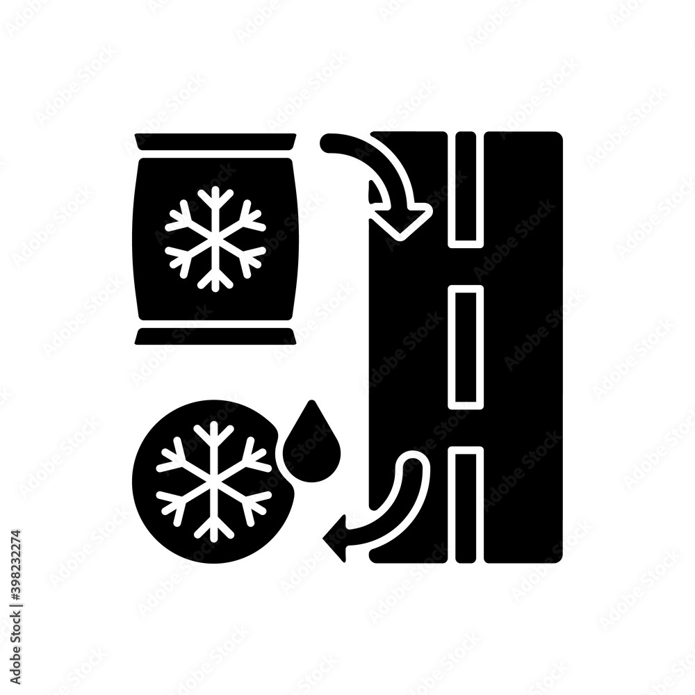 De icing black glyph icon. Removing ice covering from roads. Help cars ...