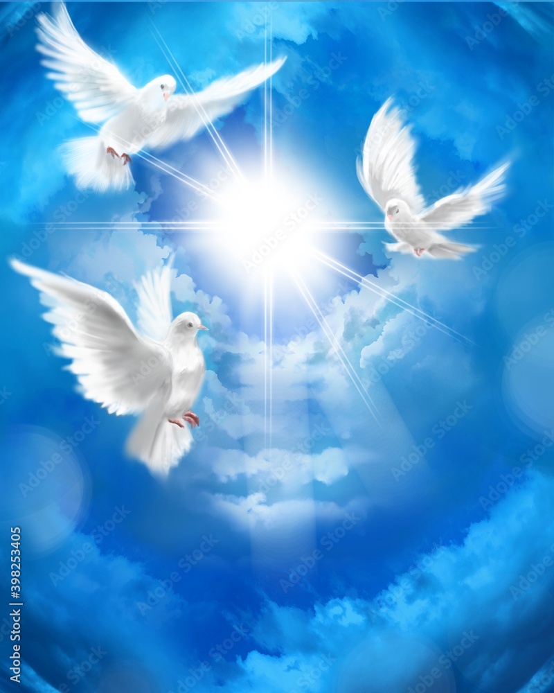 The flying three white doves around clouds stairs leading to shining ...