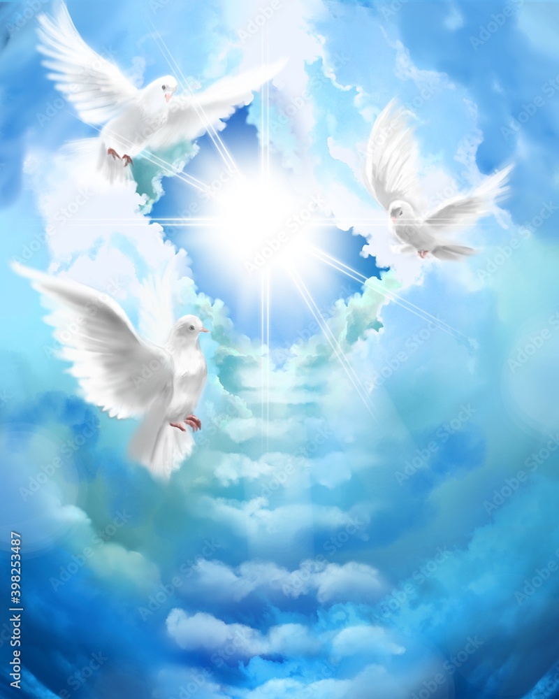 The flying three white doves around clouds stairs leading to shining heaven and the background ...