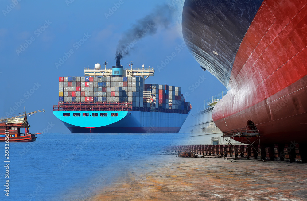 Nose ship building under at the shipyard during repair, product ships ...