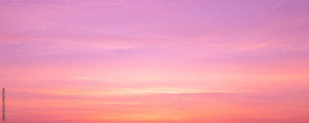 Panorama of twilight pink sky in soft clouds in the sunset with pastel ...