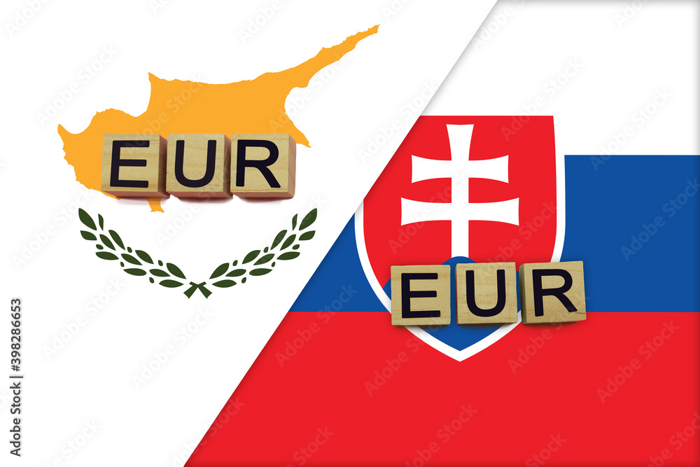 Cyprus and Slovakia currencies codes on national flags background Stock ...