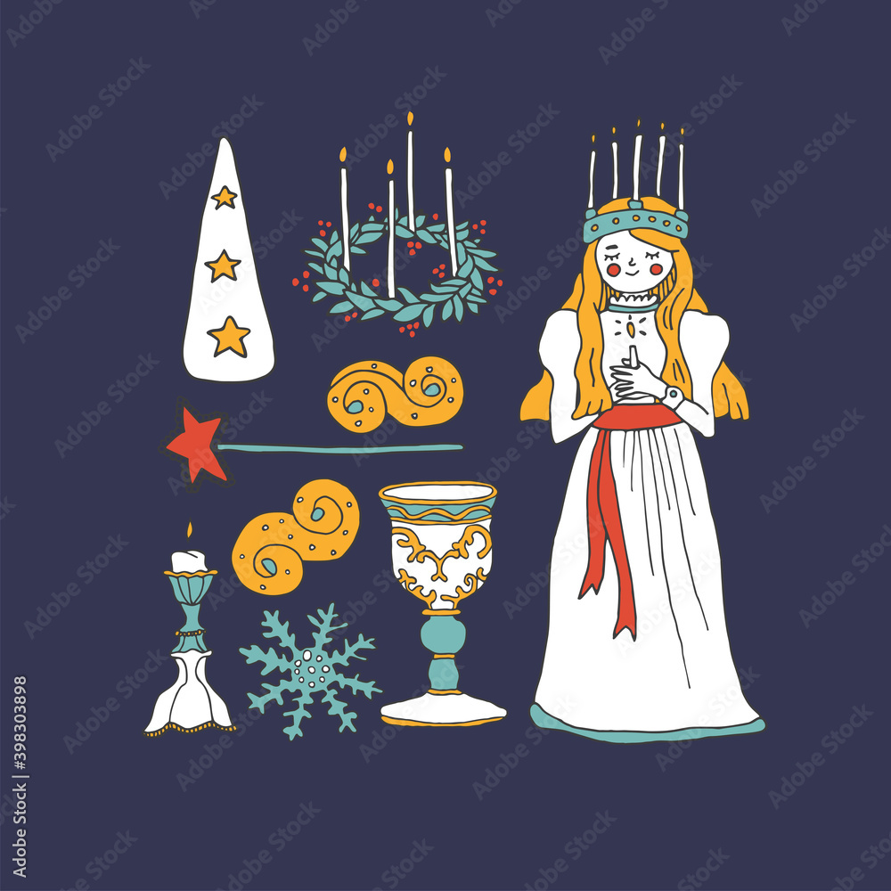 Saint Lucia Day celebration elements set. Swedish Christmas tradition ...