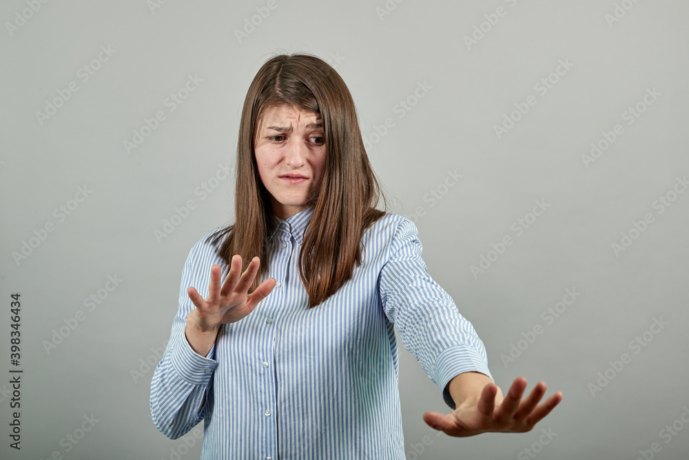 Photo Stock Palm arm raised air angry look straight you will not pass ...