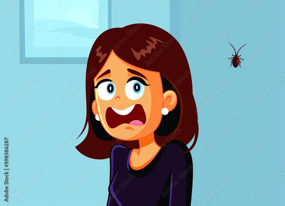 Funny Woman Screaming Scared of a Cockroach Stock Vector | Adobe Stock