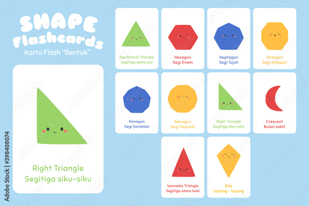 Geometric shape bilingual flashcards vector set. Cute 2D shape ...