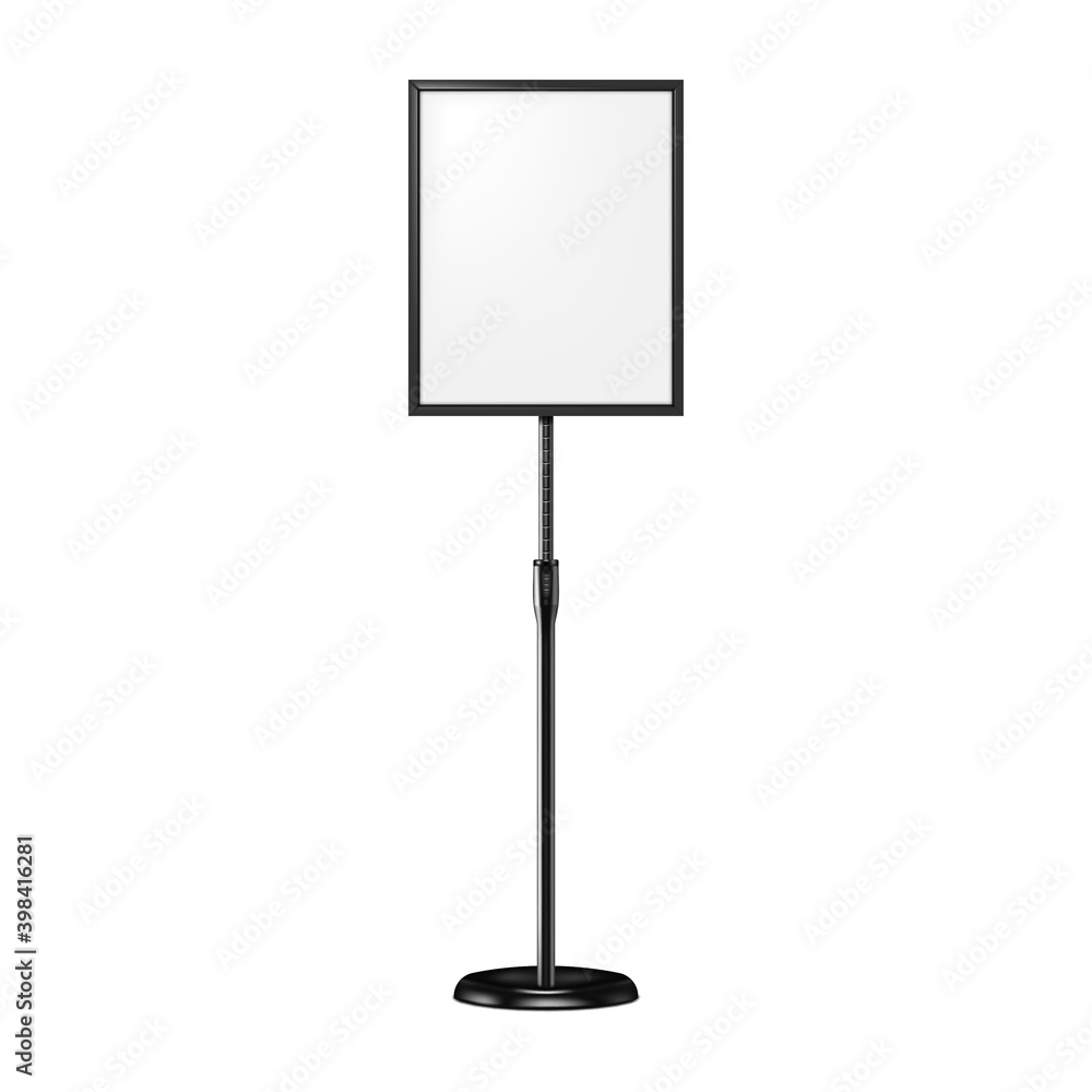 Poster sign stand. Floor standing display with round base isolated on ...