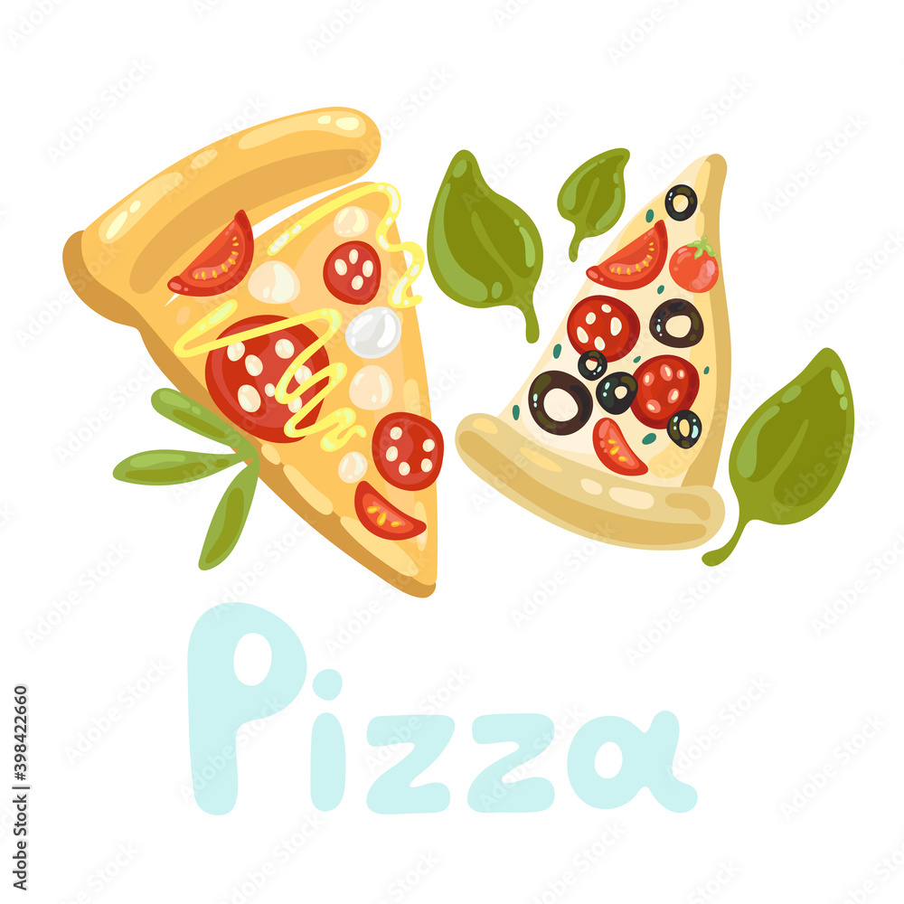 Stock pizza cut into pieces. Fast food theme. Cute cartoon triangle ...