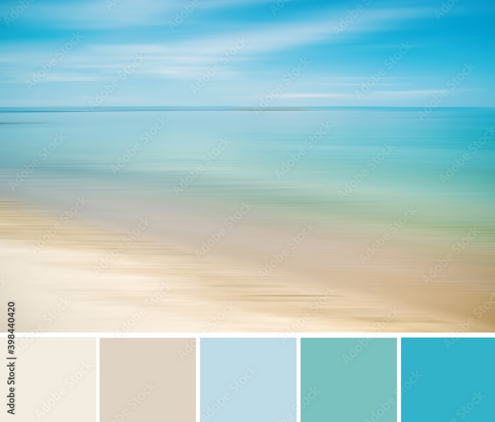 Abstract blurred shapes of colorful layers of sea water and sand on the ...