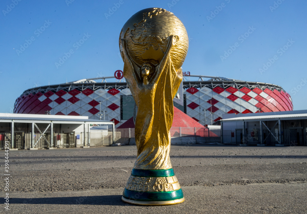 April 9, 2018 Moscow, Russia Trophy of the FIFA World Cup against the ...