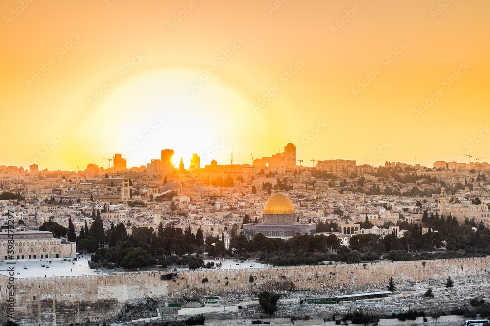 Old city of Jerusalem on the temple mount under golden sunset in the ...