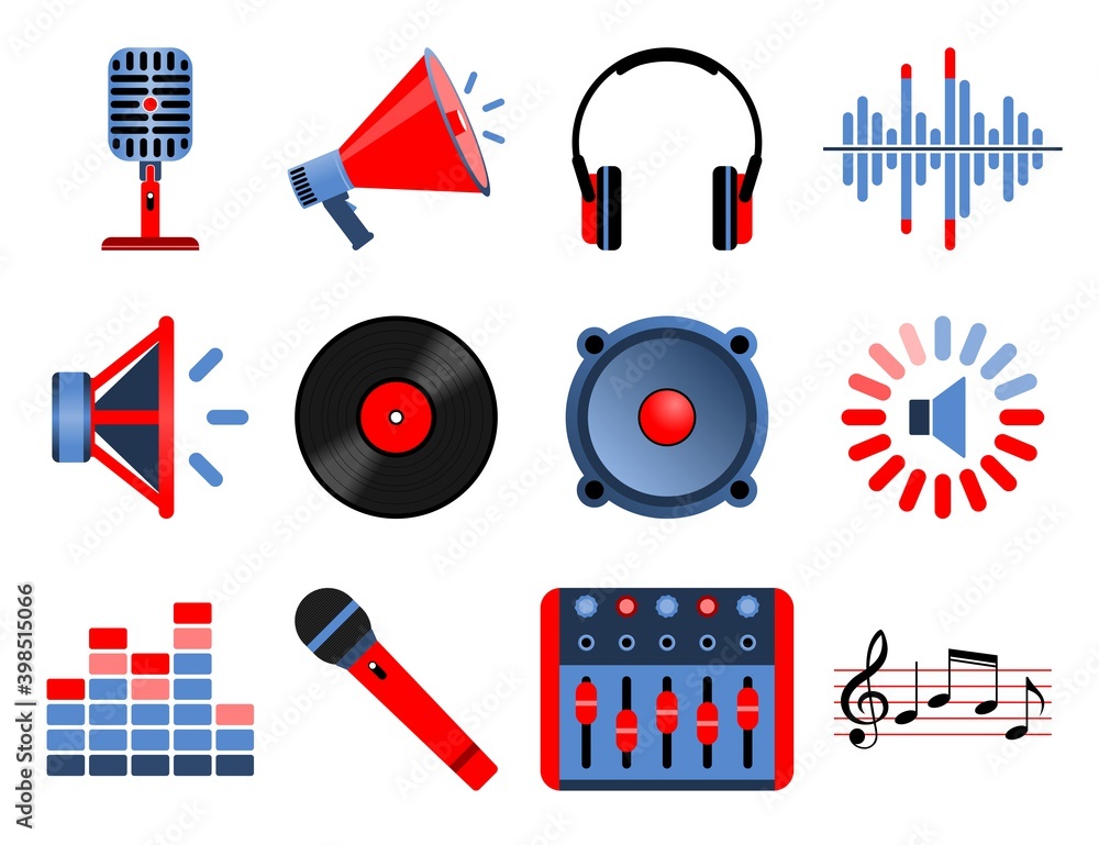 Vector de Stock Music sound and audio icons. Sound equipment pictograms ...