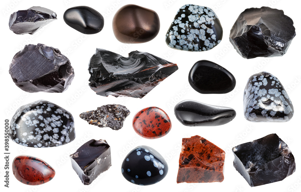 collage from various Obsidian (volcanic glass) natural mineral gem ...