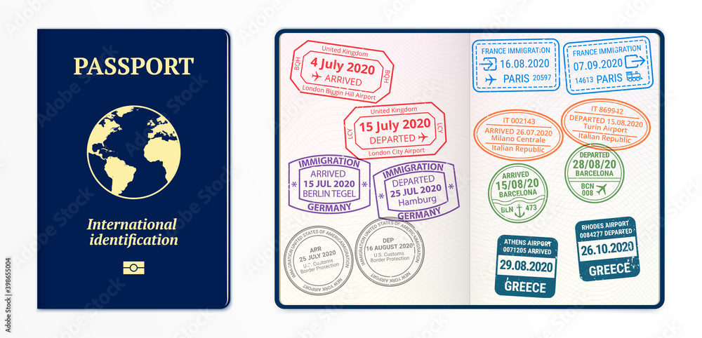 Стоковое векторное изображение «Visa stamps in the passport. Arrival ...