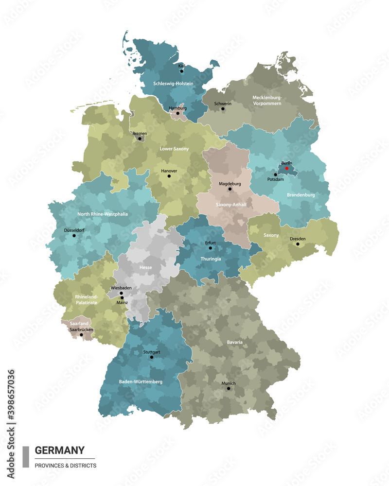 Germany higt detailed map with subdivisions. Administrative map of ...