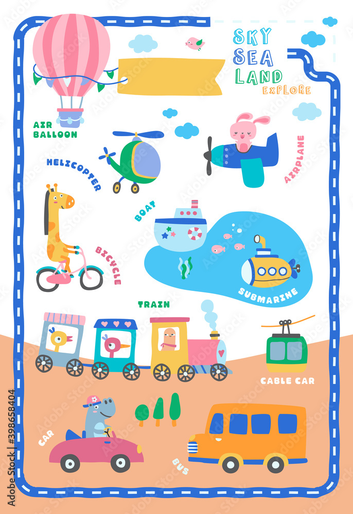 transportation poster for preschool. doodle illustration for kids ...