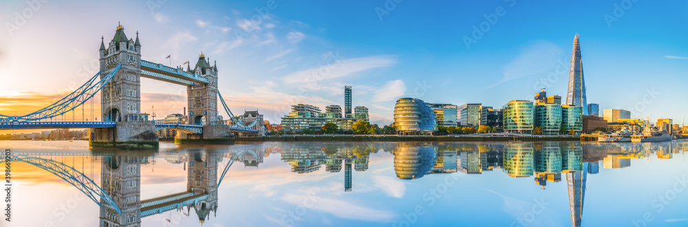 Morning panorama of London Tower Bridge with reflection Stock Photo ...