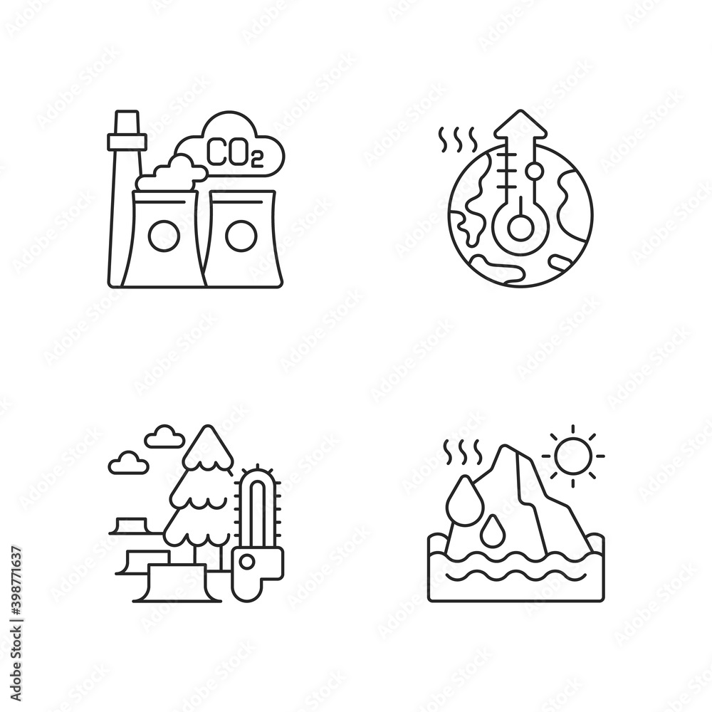Global warming linear icons set. Air pollution because of factory ...