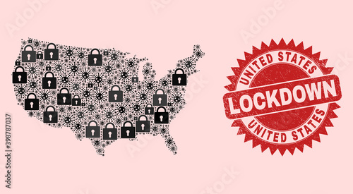 Vector Viral lockdown collage United States map and scratched watermark ...