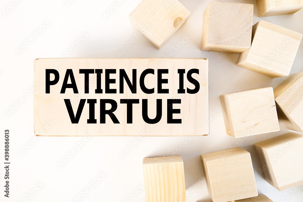 PATIENCE IS VIRTUE, text on wood block on white background near wood ...