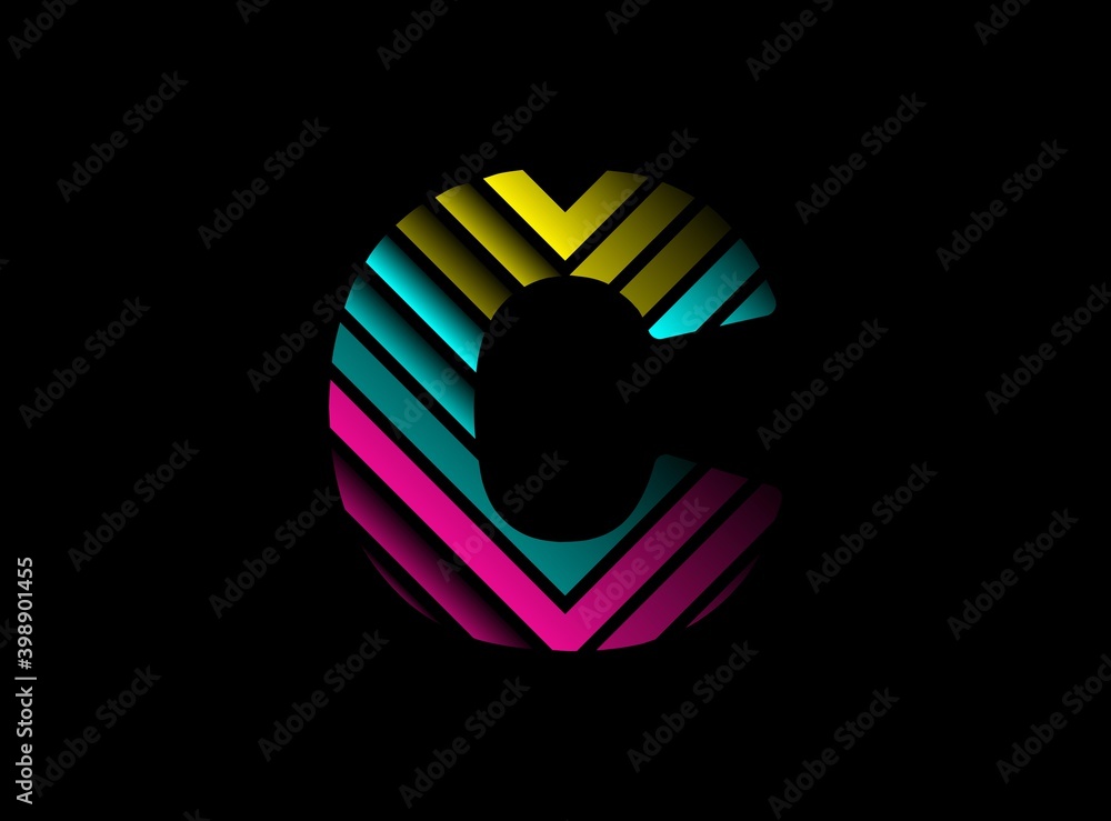 C letter font logo with cmyk color. Dynamic split blue, pink, yellow ...