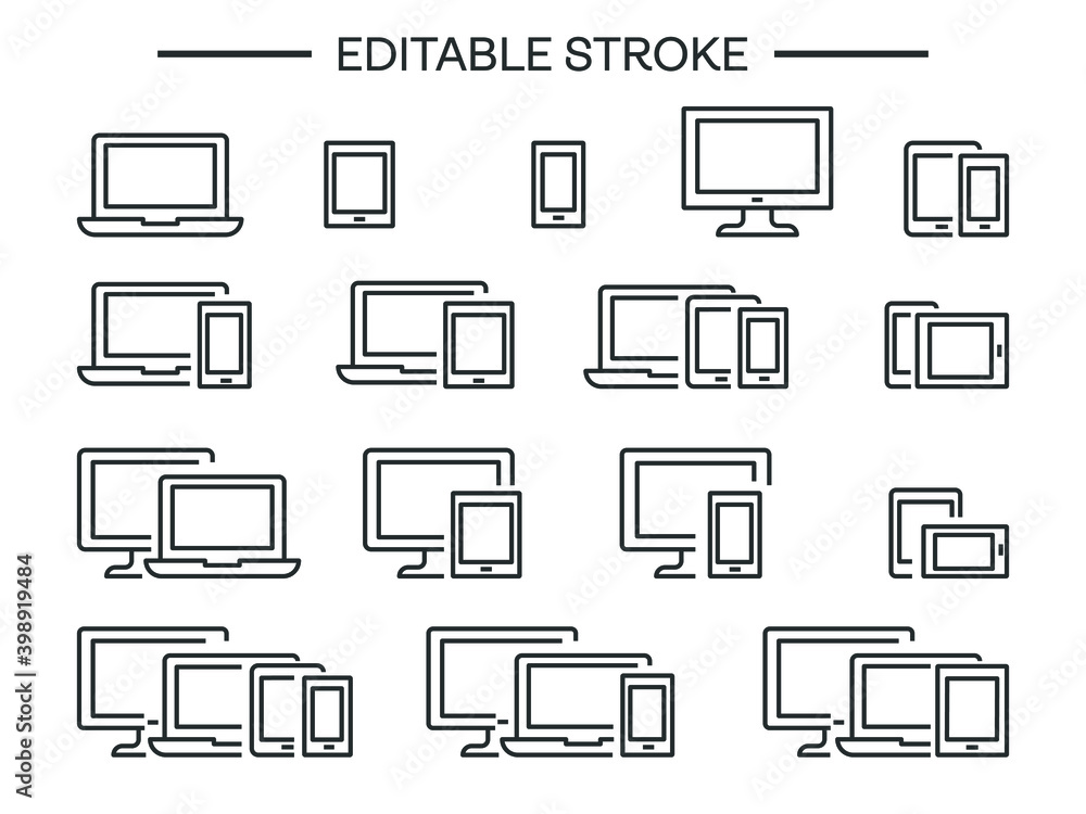 device and gadget editable line icon set Desktop computer , laptop tablet Pc and Smartphone ...