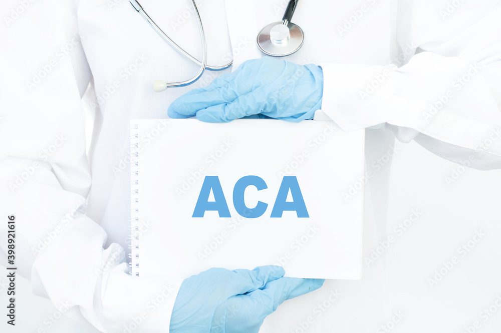 Close Up doctor hands holding white card sign with ACA or AFFORDABLE ...