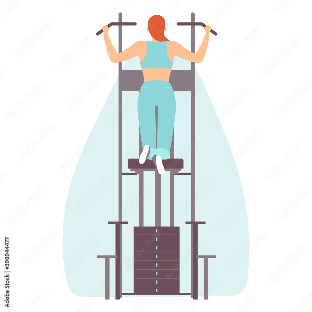 Young woman pulls up in the gravitron in the gym. Exercise machine ...