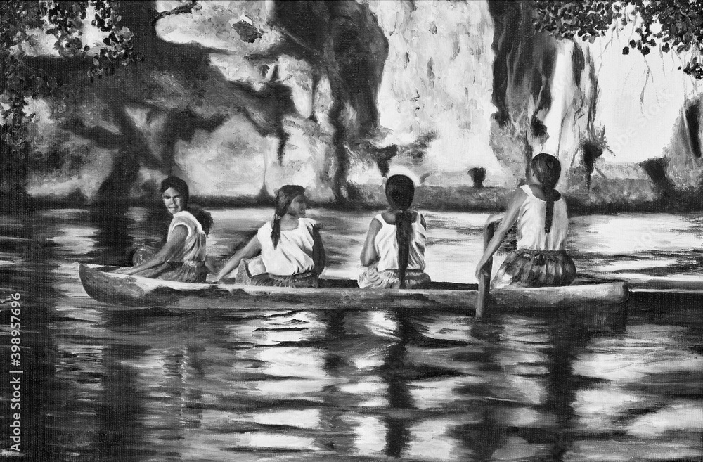 Canvas painting with indias on the boat on the Amazon River in black ...