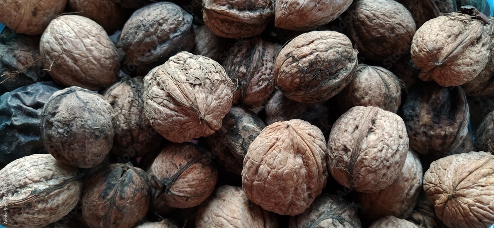 Walnuts close-up. Harvest of nuts. Walnut fruits, rounded large single ...