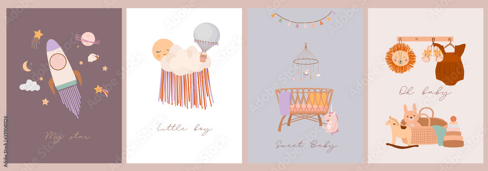 Vector de Stock Set of cute boho baby cards in Scandinavian style ...