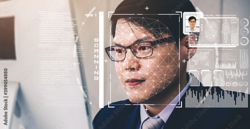 Facial recognition technology scan and detect people face for identification . Future concept ...
