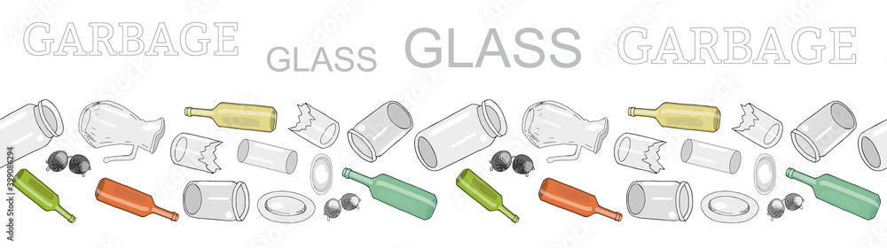 Seamless border with sorted glass garbage. Large collection of patterns with separate debris ...