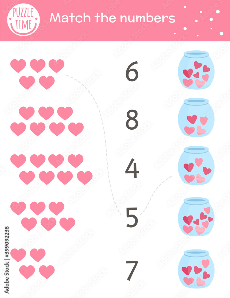 Saint Valentine day matching game with hearts in jar. Holiday math ...