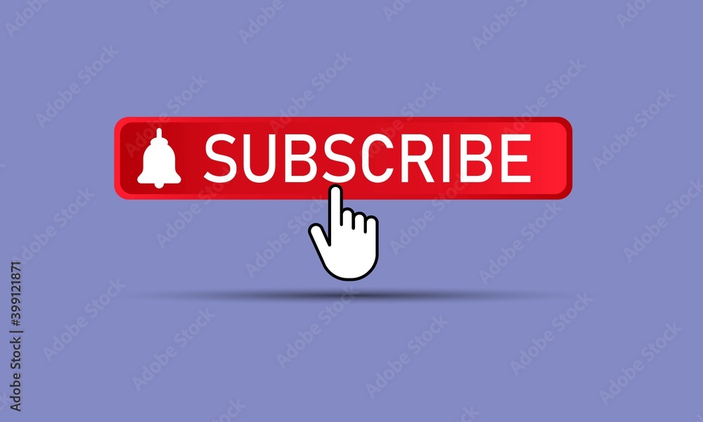 Red flat subscribe button with cursor and bell isolated on colored ...